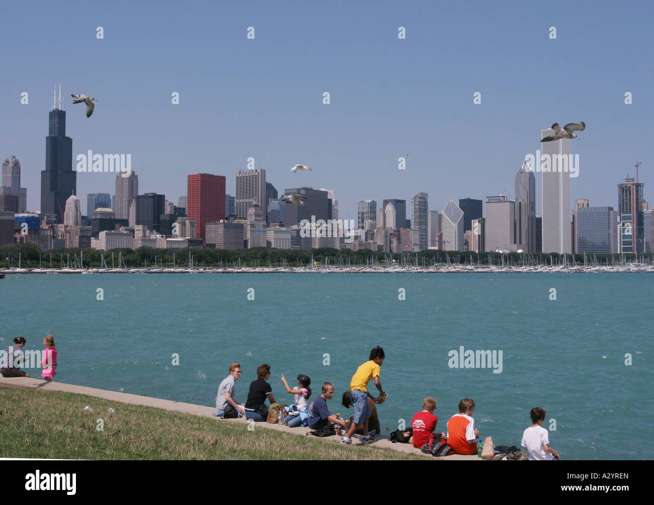 Chicago lake michigan downtown skyline bike path Stock Photo - Alamy
