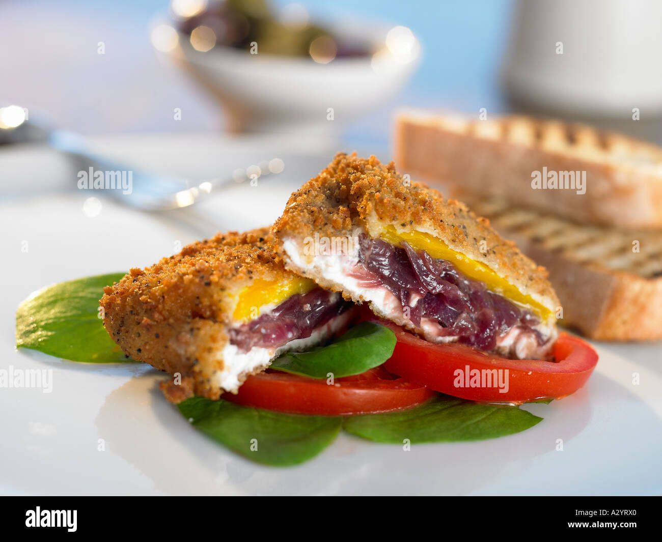 bread crumb coated vegetable stacks Stock Photo - Alamy