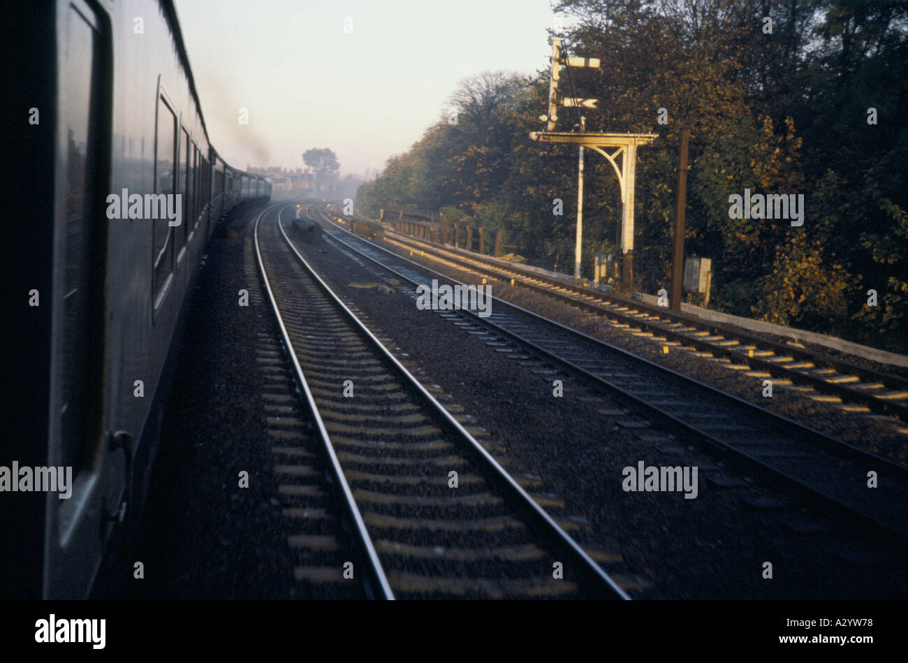 view of rail tracks as seen from side of train Stock Photo - Alamy