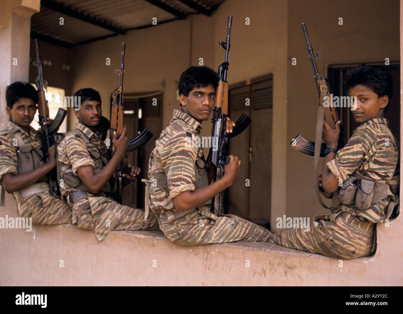 Tamil tiger commandos in their base in Jaffna Sri Lanka . Some are only ...