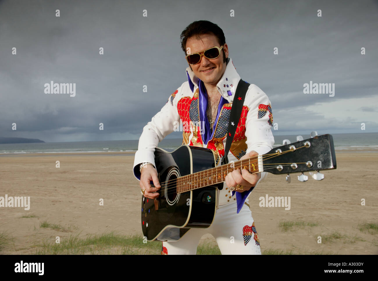 Elvis impersonator on Portstewart Strand, Northern Ireland Stock Photo ...
