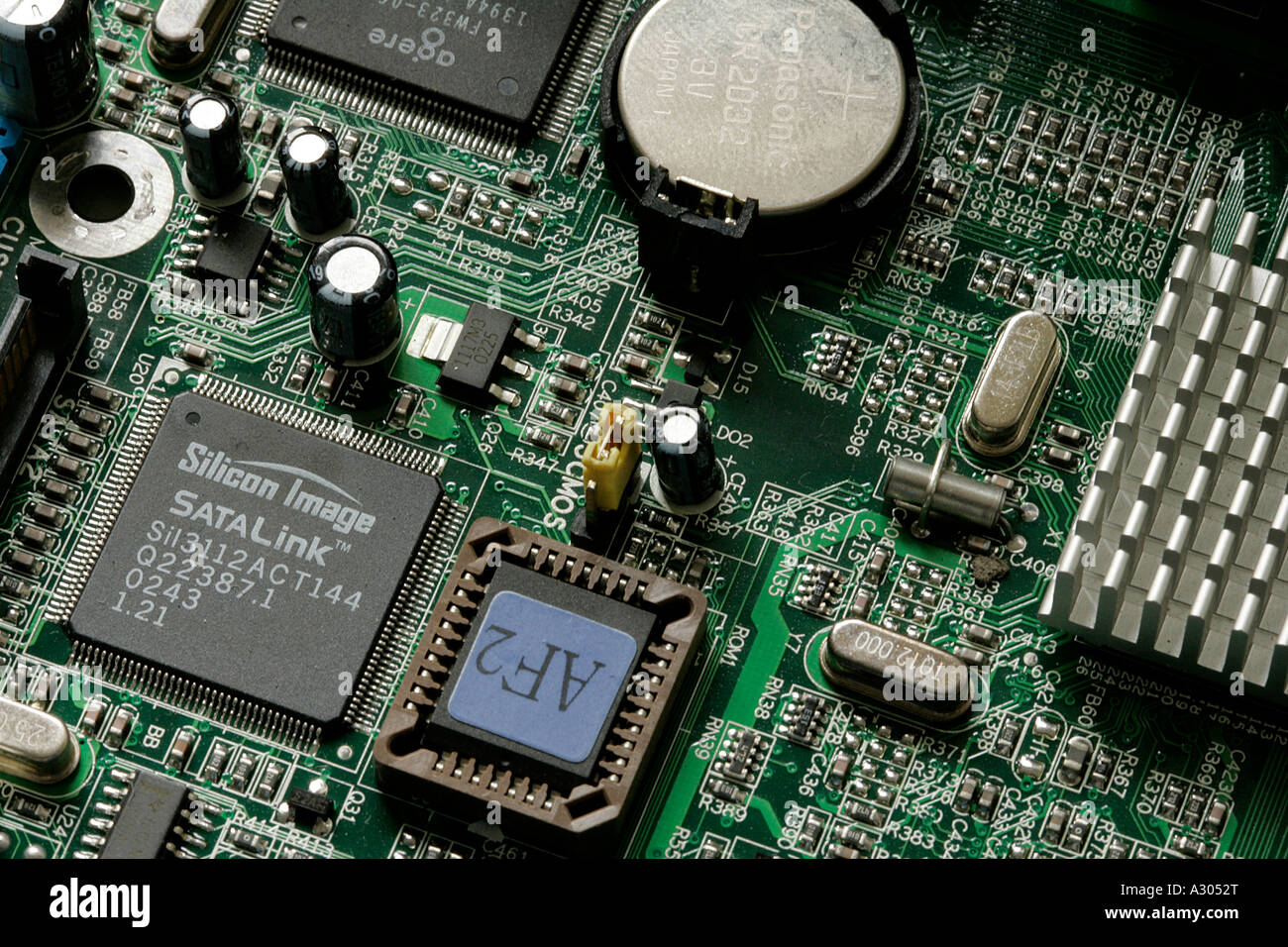 Close up view detail section computer mother board home personal PC ...