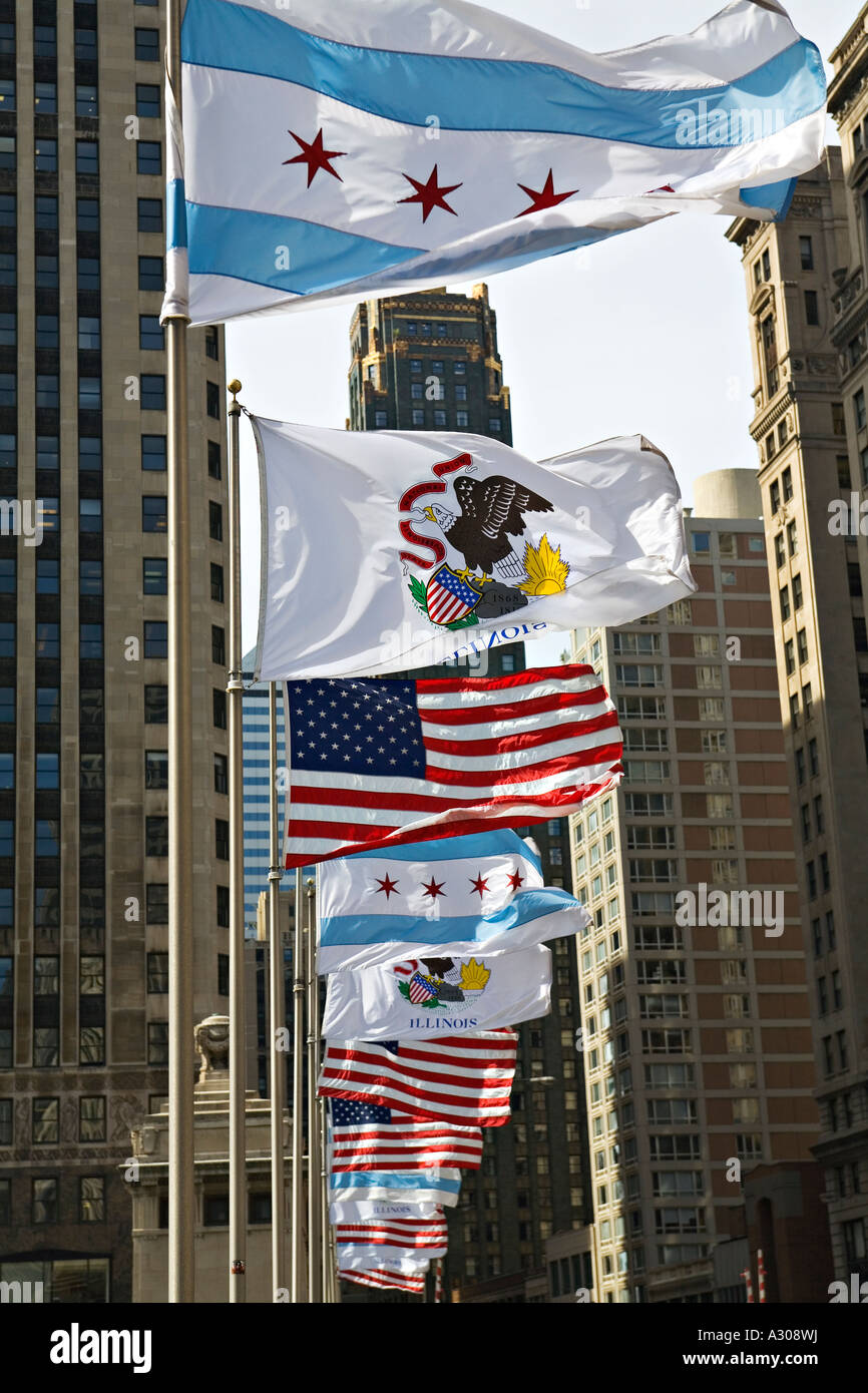 ILLINOIS Chicago City state and country flags on Michigan Avenue bridge ...