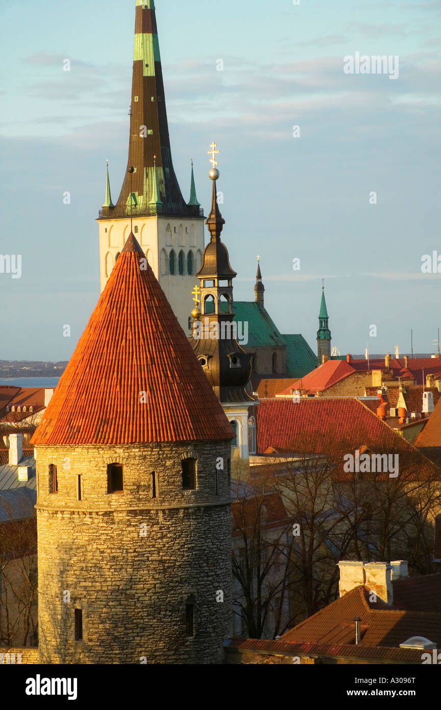 Tallinn cityscape dominated by St Olaf's Church and city wall towers ...