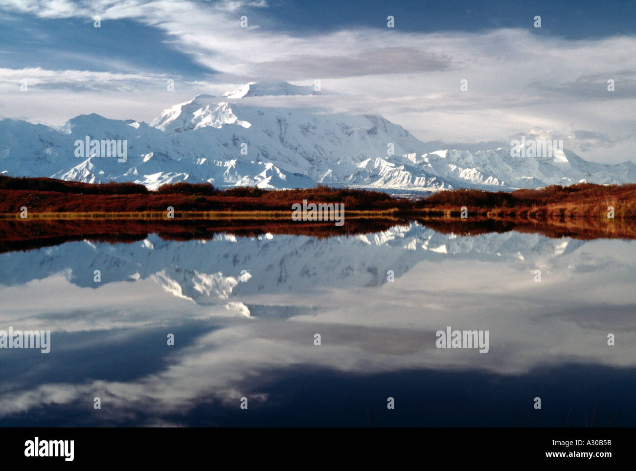 Mt McKinley is reflected perfectly in Reflection Pond in Denali ...