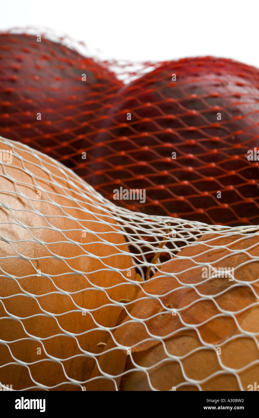 Spanish and Red Onions in mesh bags against white studio background ...
