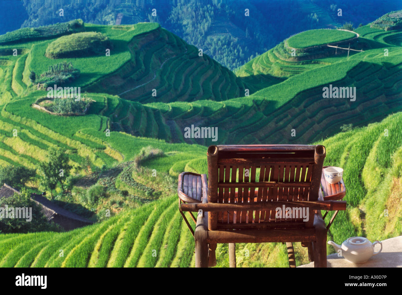 A bamboo chair overlooking terraced rice paddies in the mountain ...