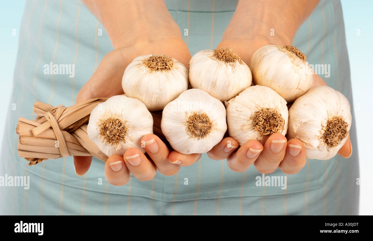 WOMAN HOLDING STRING OF GARLIC Stock Photo - Alamy