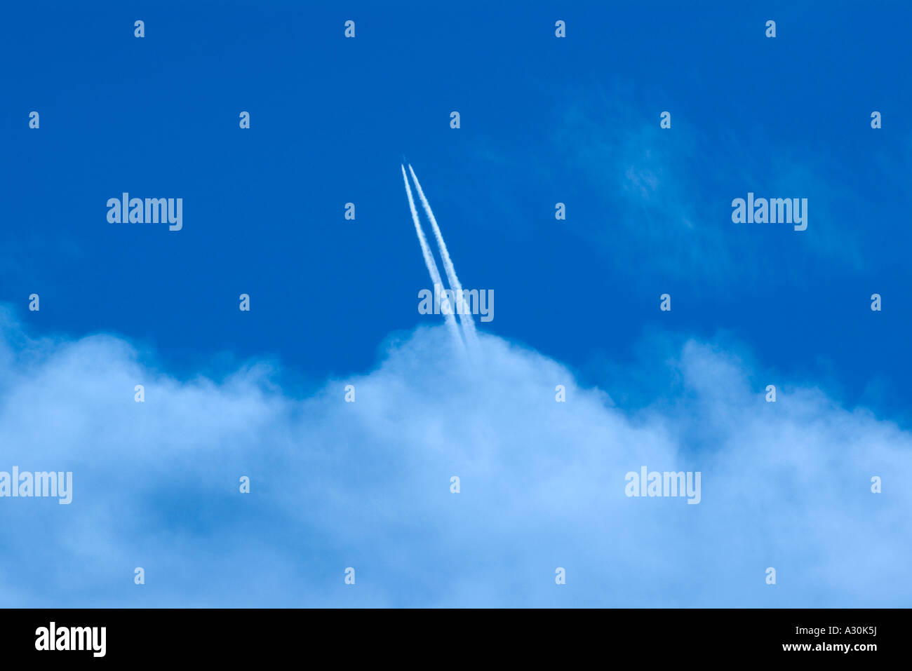 Jet plane with double contrail emerging from cumulus cloud Stock Photo ...