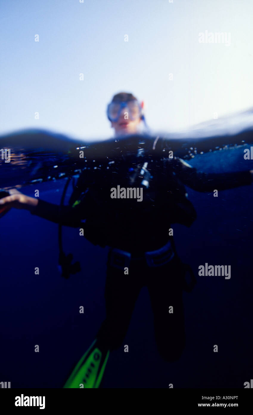 Scuba diver with body in head out of water Red Sea Egypt Stock Photo ...