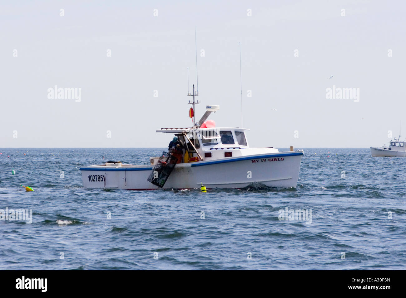 Lobsterboat MY IV GIRLS working the Muscle Ridge Channel in Maine Stock ...