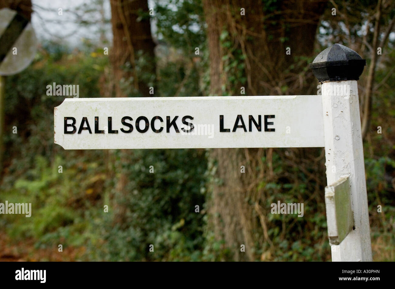 English country lane sign post, Ballsocks Lane in East Sussex, UK Stock ...