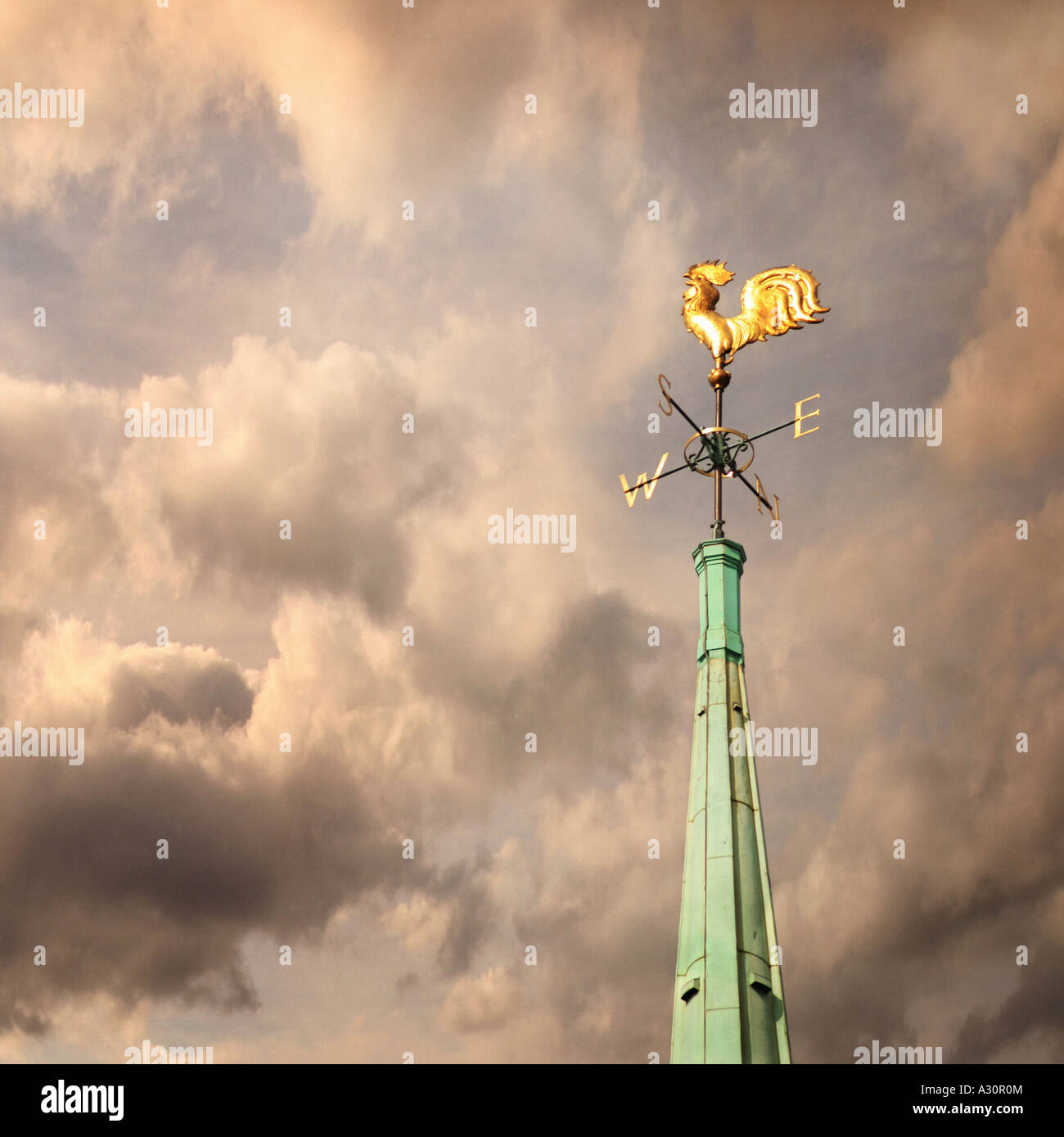 a cockerel weather vain ontop of a green spire Stock Photo - Alamy