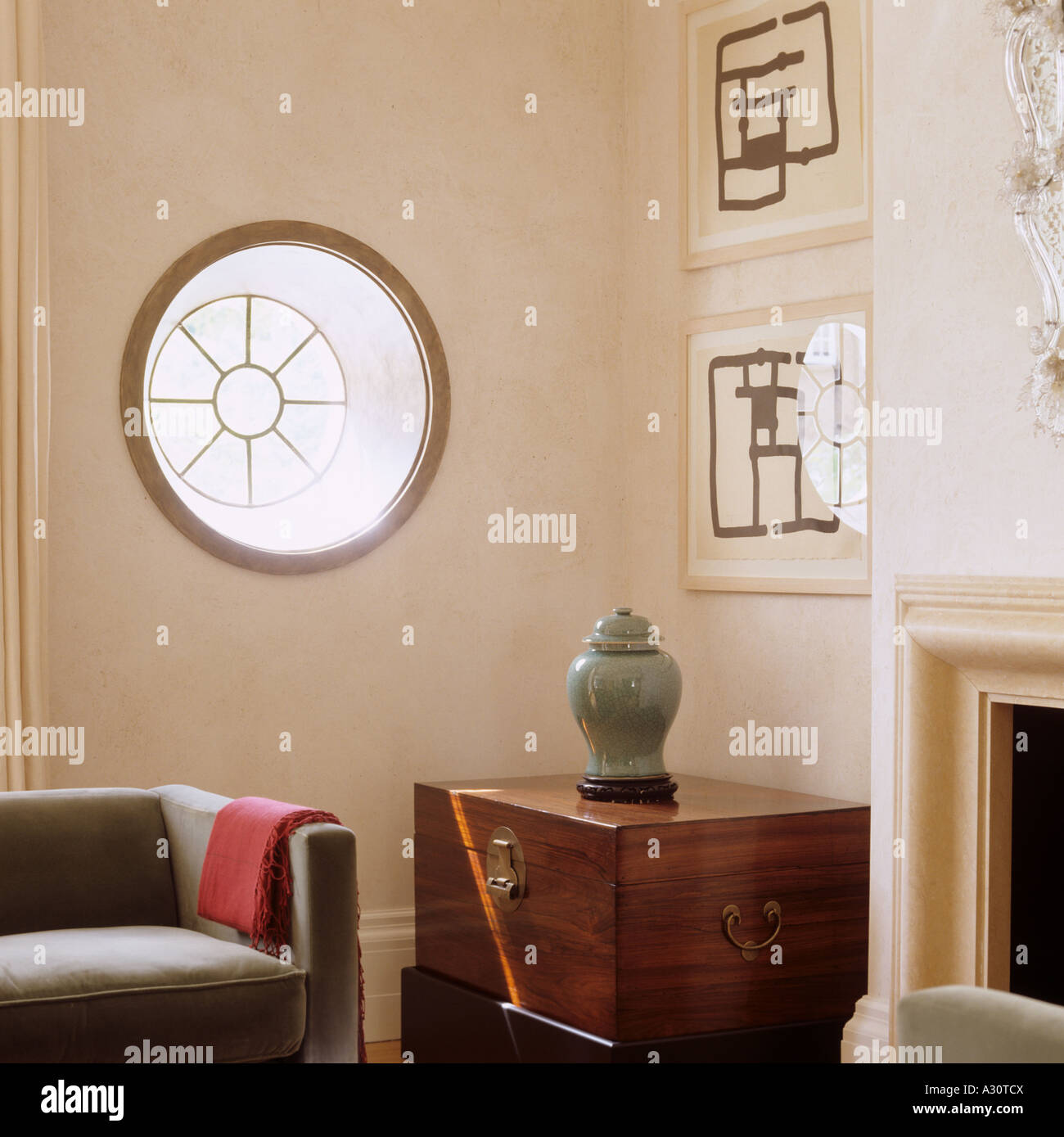 a bullseye window in a London interior Stock Photo - Alamy