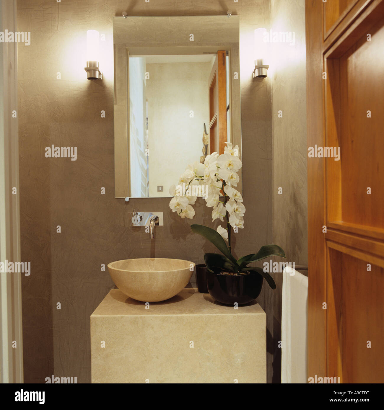 hand basin and orchids in a modern interior Stock Photo - Alamy