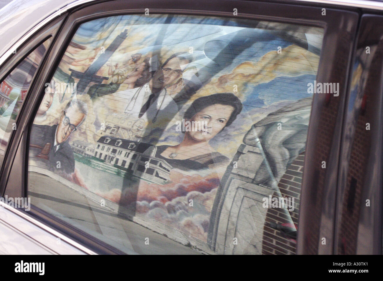 Reflection of the wall painting from car window Stock Photo - Alamy