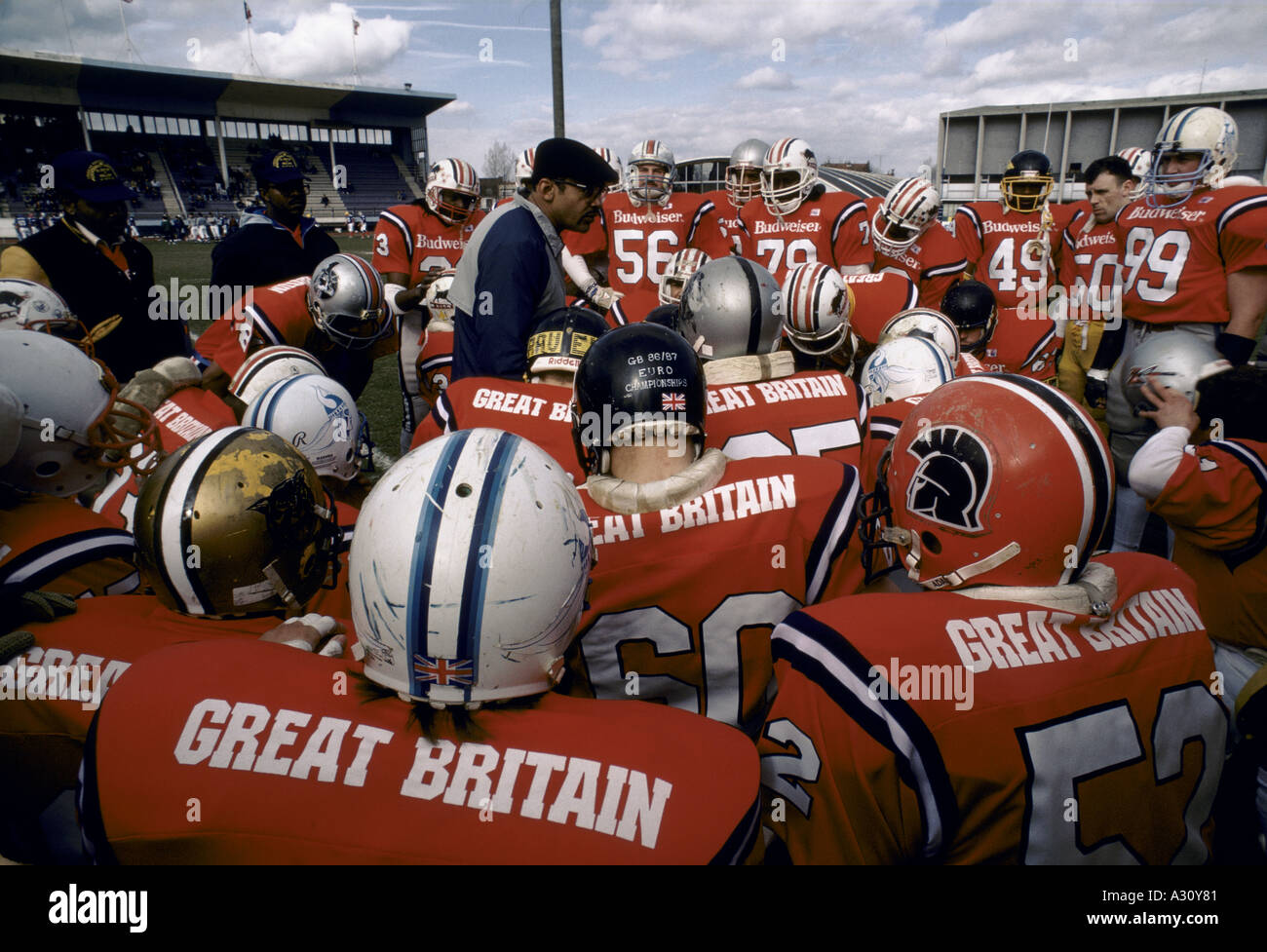 british american football great britain v s france 1987 team huddling ...