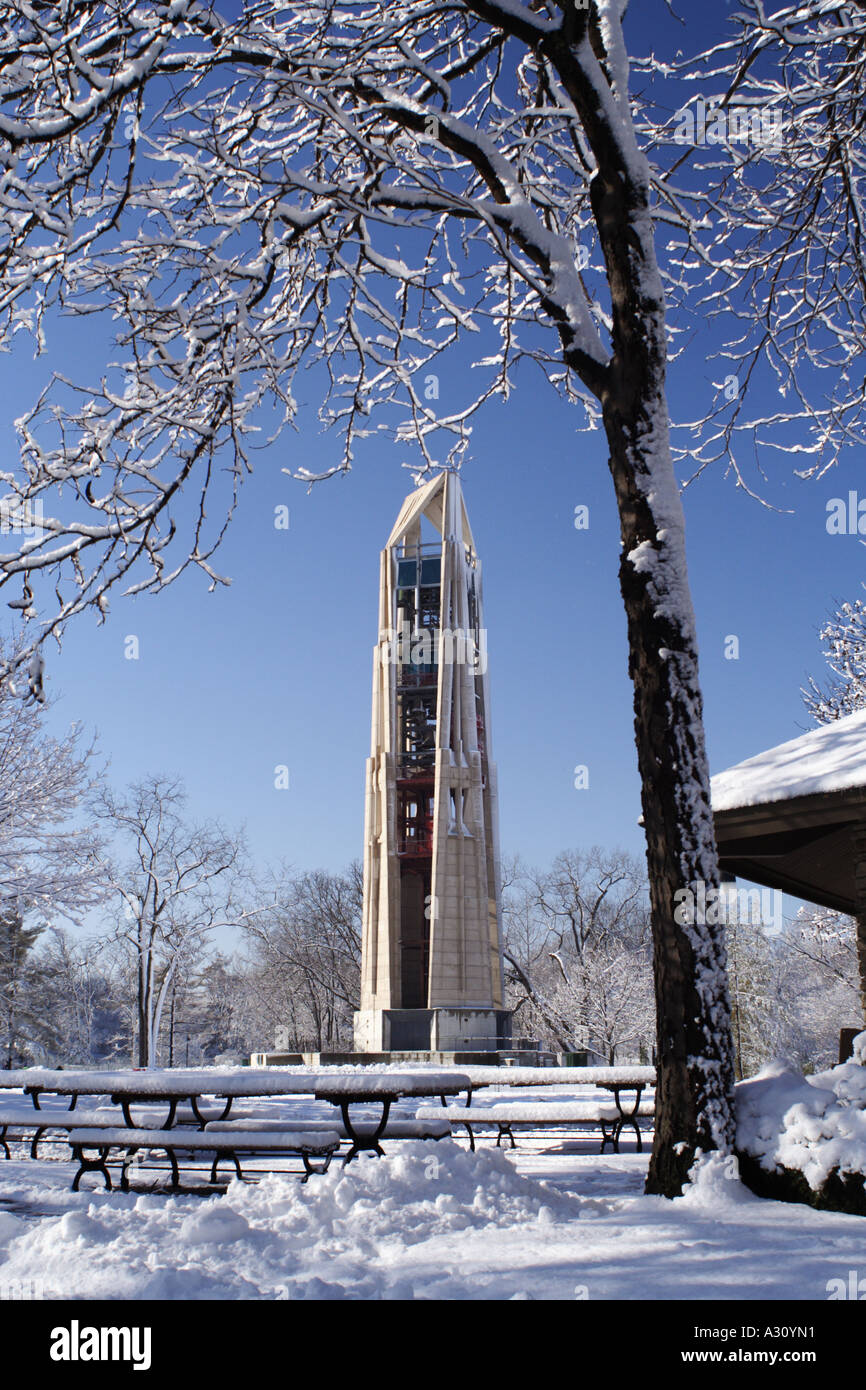 Winter in Napervile. View of the Carillon from the side of the lake ...