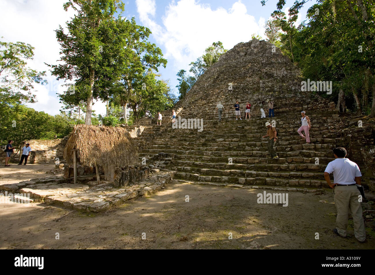 Stela at the foot of La Iglesia The Church pyramid in Coba Mexico Stock ...