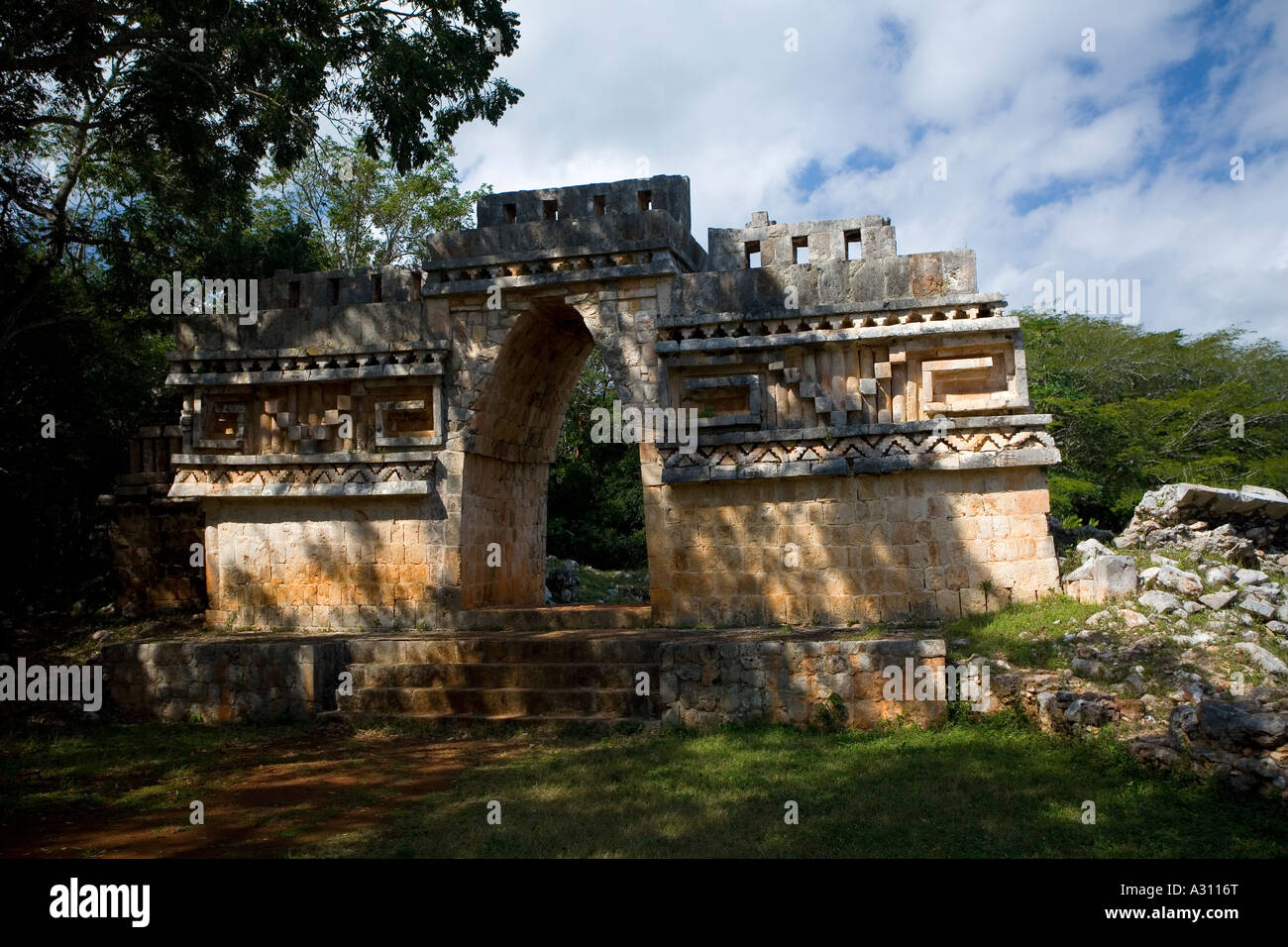 The ceremonial Arch and road at the ruined Mayan city of Labna in ...