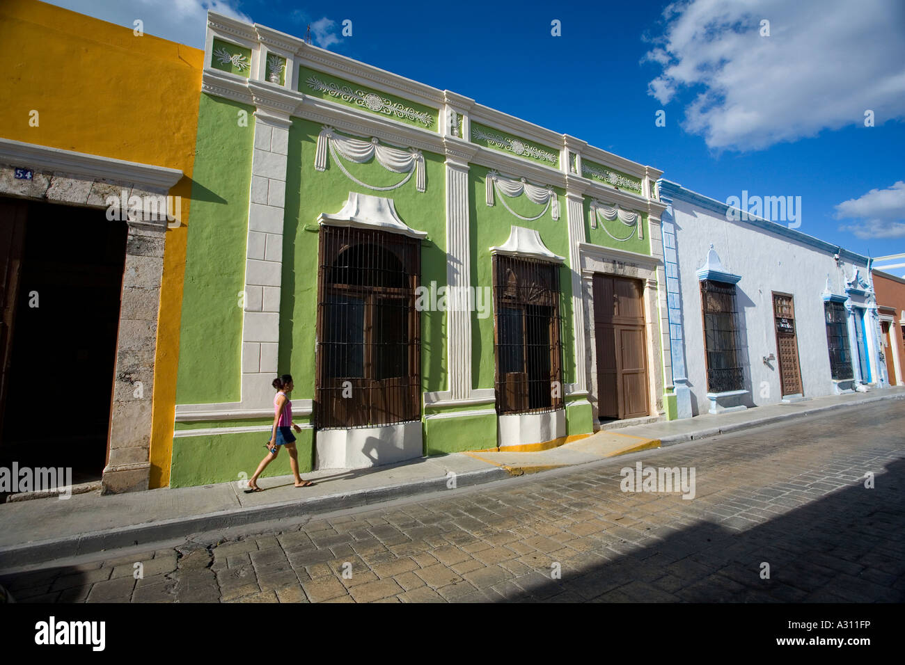 Coloured Spanish Colonial buildings in the street in Campeche Mexico ...