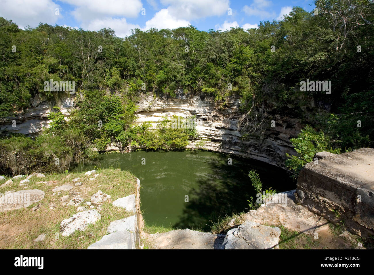 Cenote a sacred well used for human sacrifice at the ruined Mayan city ...