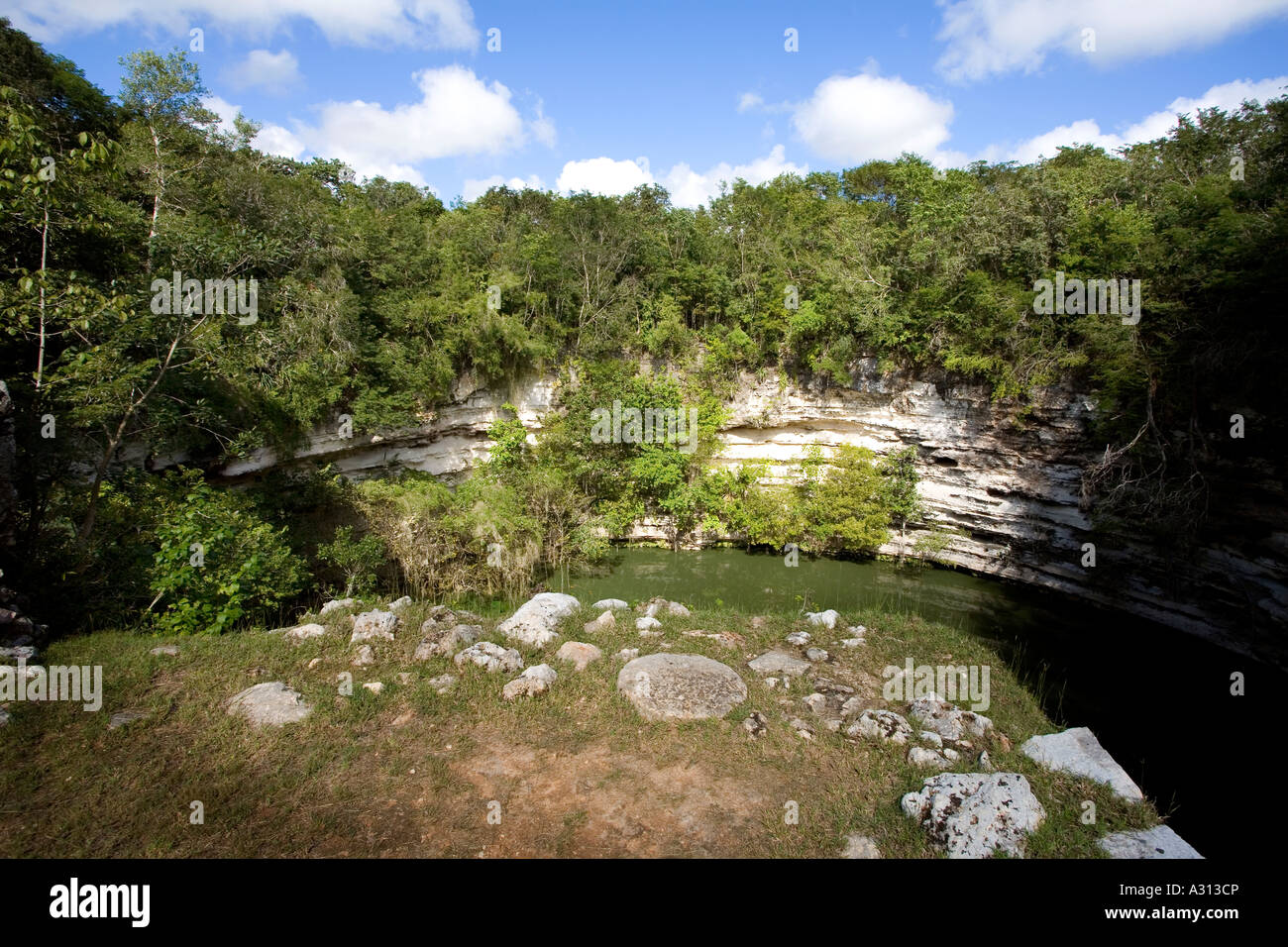 Cenote a sacred well used for human sacrifice at the ruined Mayan city ...