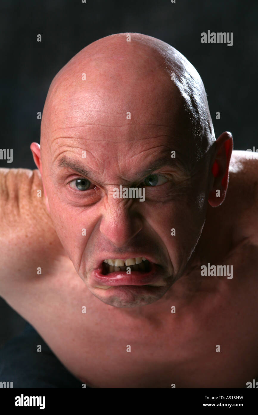 Studio shoot of angry bald man Stock Photo - Alamy