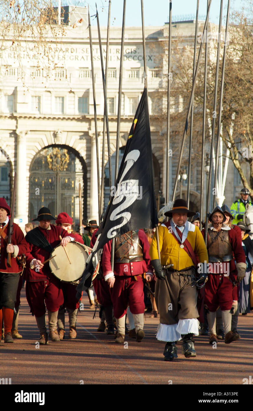 Parade celebrating Charles I marching along The Mall central London ...