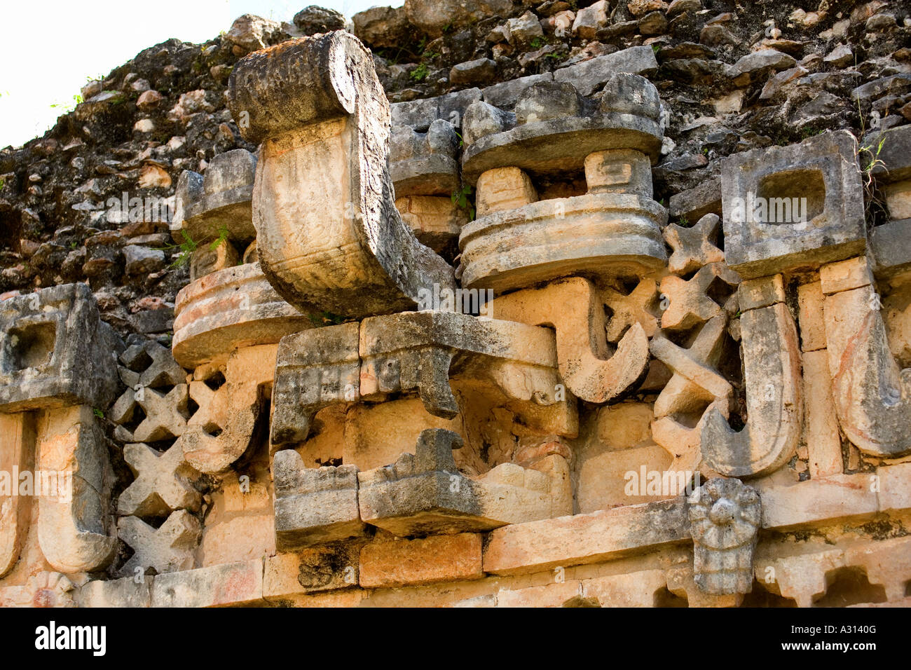 Mask of Chac Mool on The Palace at the ruined Mayan city of Labna in ...