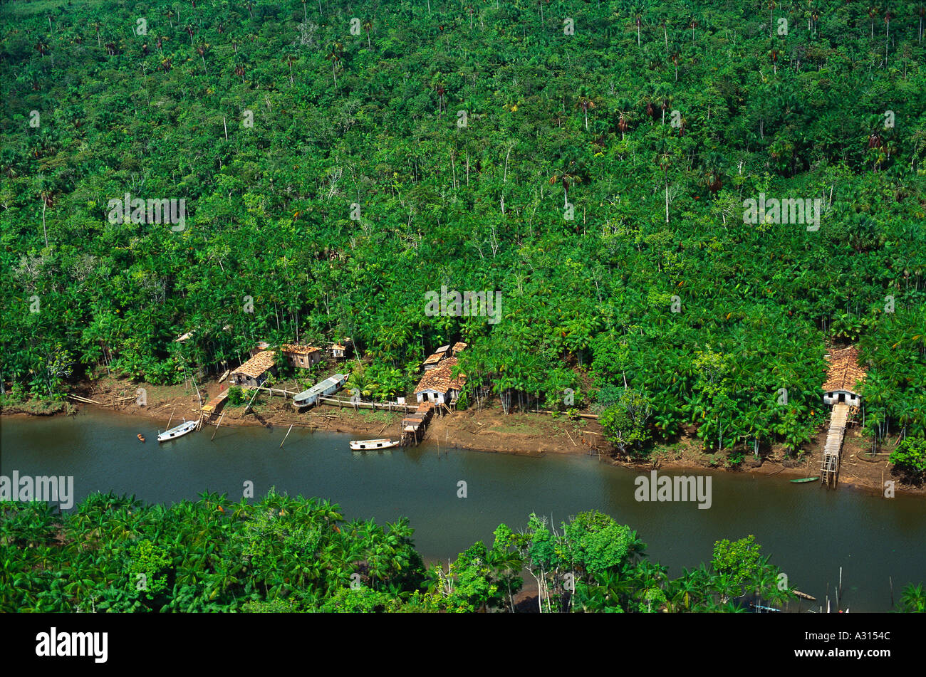 Aerial of riverside houses with rainforest in background in Amazon ...
