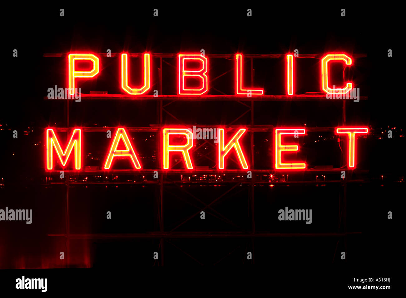 Neon sign for Seattle public market Stock Photo - Alamy