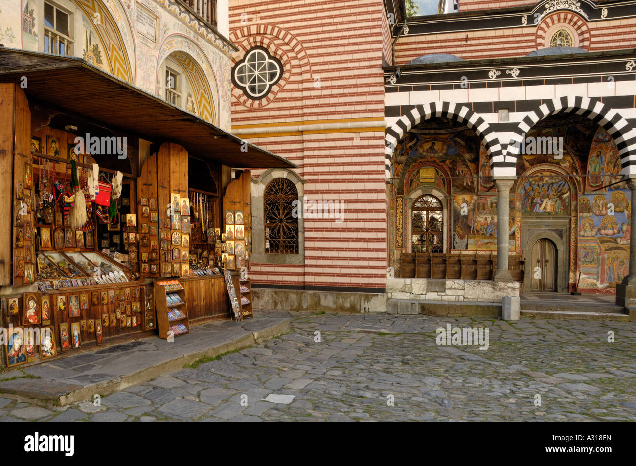 Shop selling icon paintings and Nativity Church at Rila Monastery ...