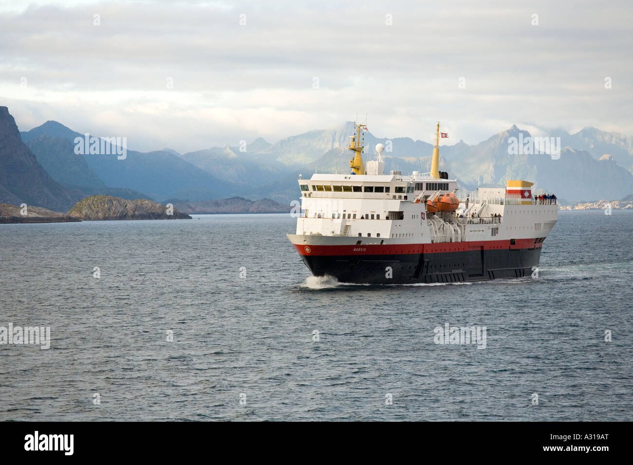 Hurtigruten cruise ship Narvik passing the Lofoten Islands east of ...
