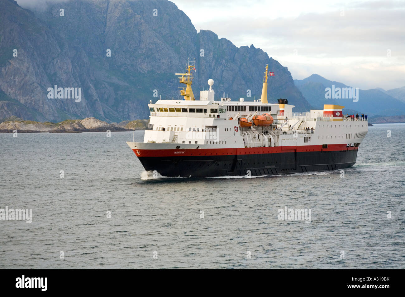 Hurtigruten cruise ship Narvik passing the Lofoten Islands east of ...