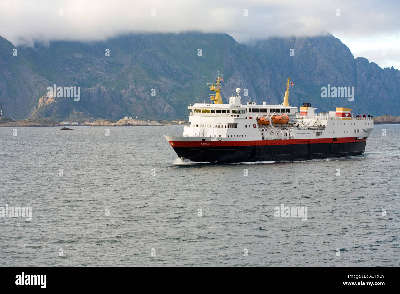 Hurtigruten cruise ship Narvik passing the Lofoten Islands east of ...