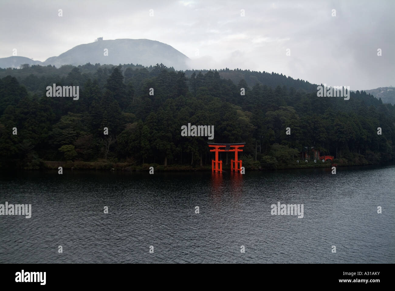 Torii (gate) of Hakone Shrine, at the foot of Mt. Komagatake. Fuji ...