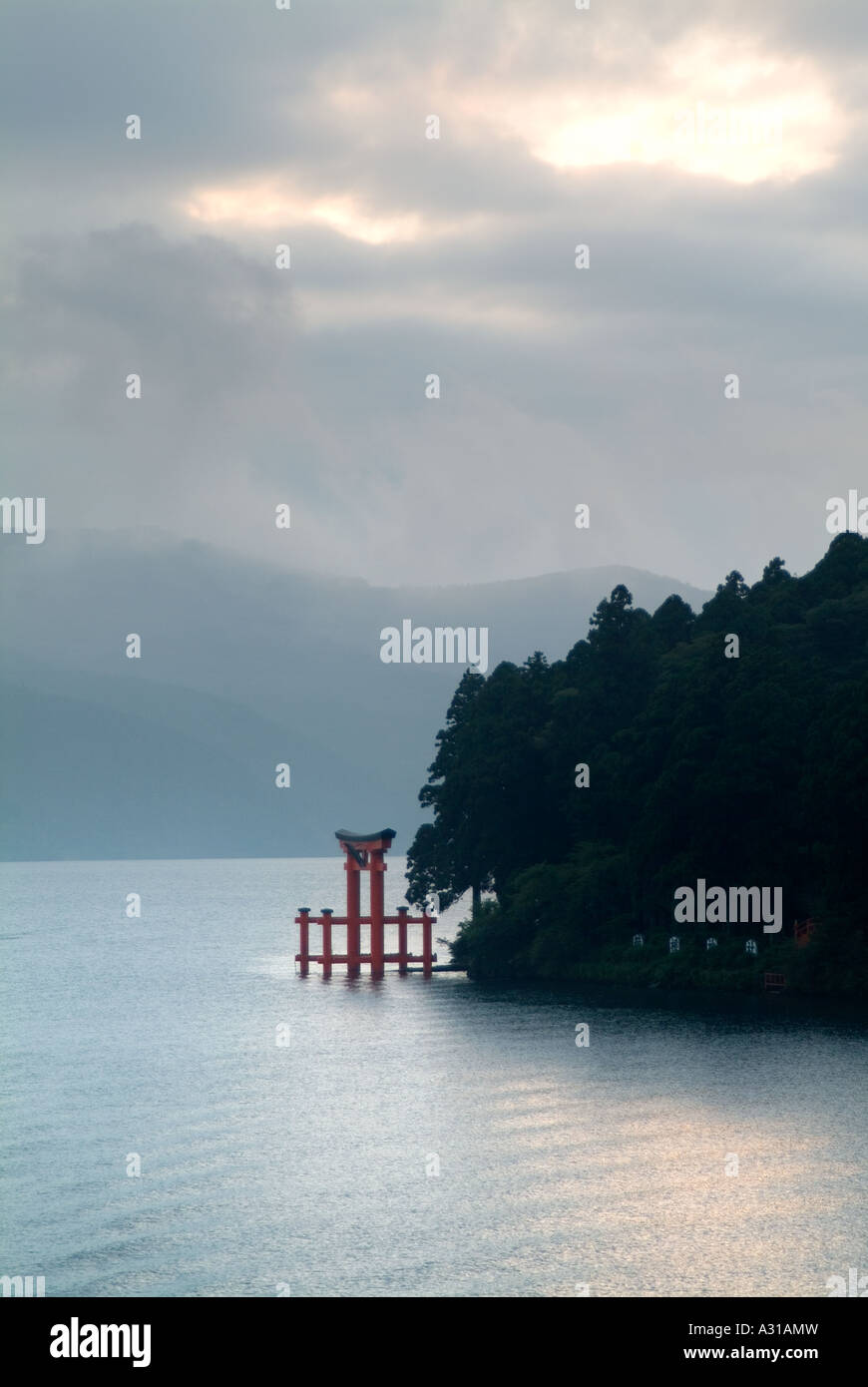Torii (gate) of Hakone Shrine, at the foot of Mt. Komagatake. Fuji ...