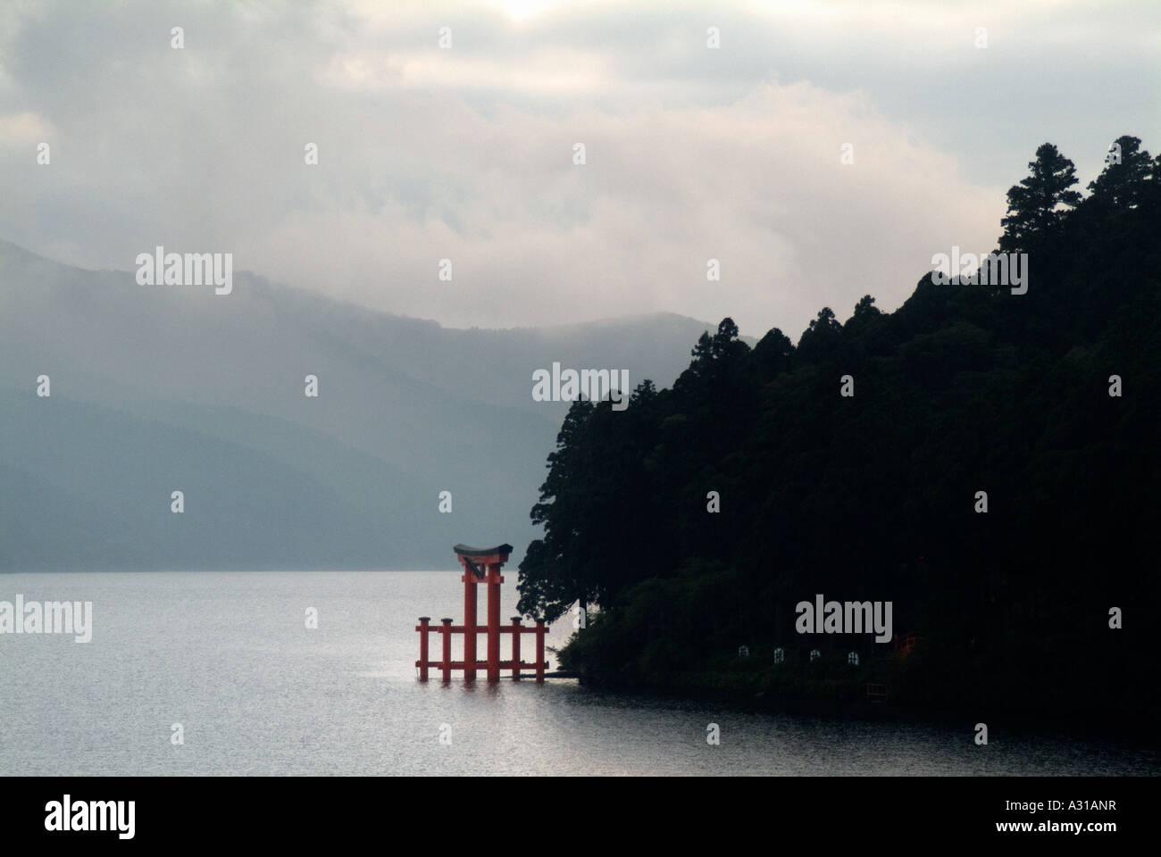 Torii (gate) of Hakone Shrine, at the foot of Mt. Komagatake. Fuji ...