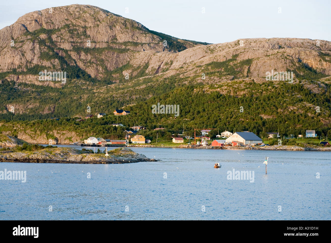 Evening sunlight on a settlement northeast of Rorvik Norway Stock Photo ...