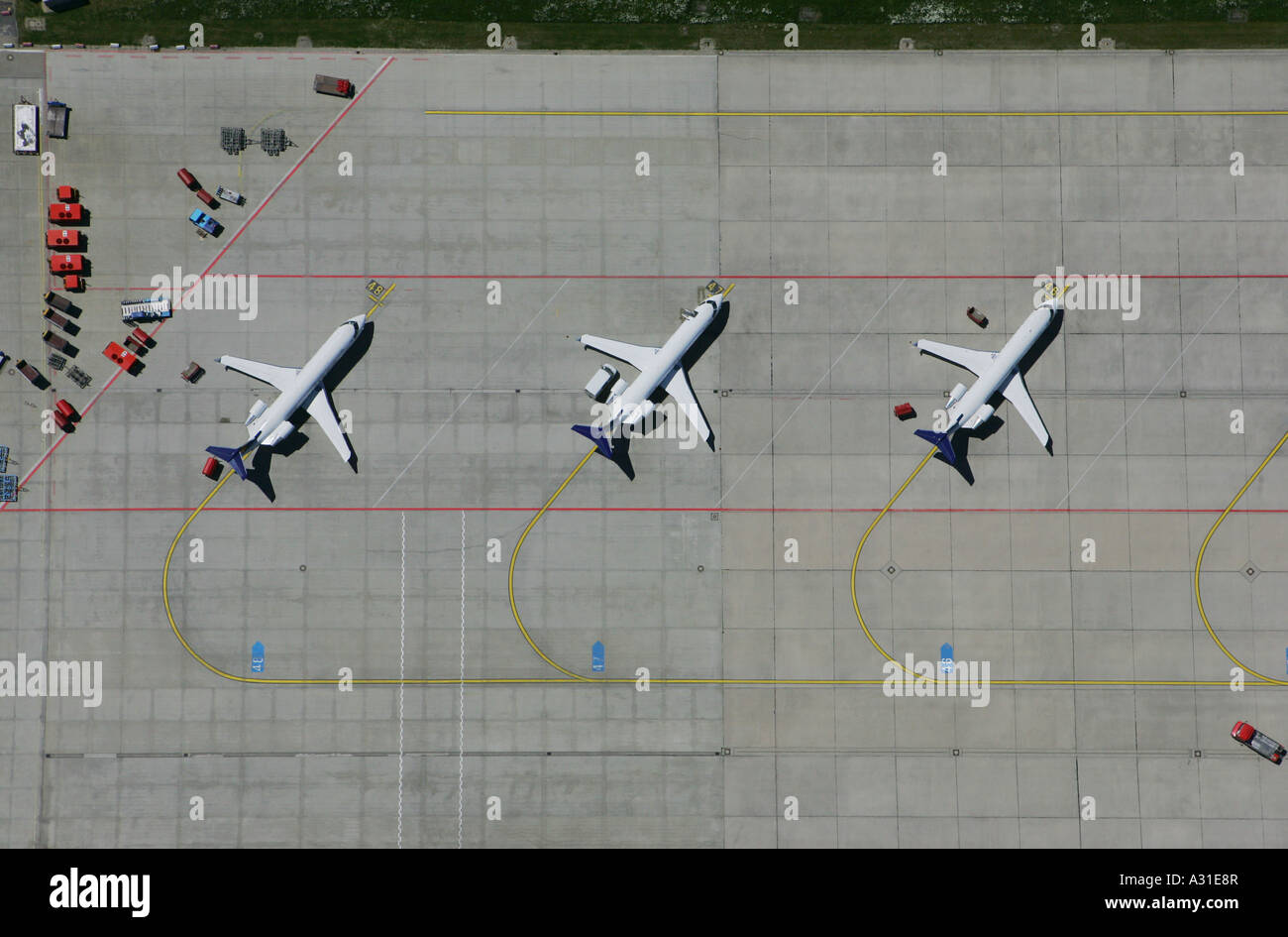 Aerial view of a row of airplanes parked Stock Photo - Alamy