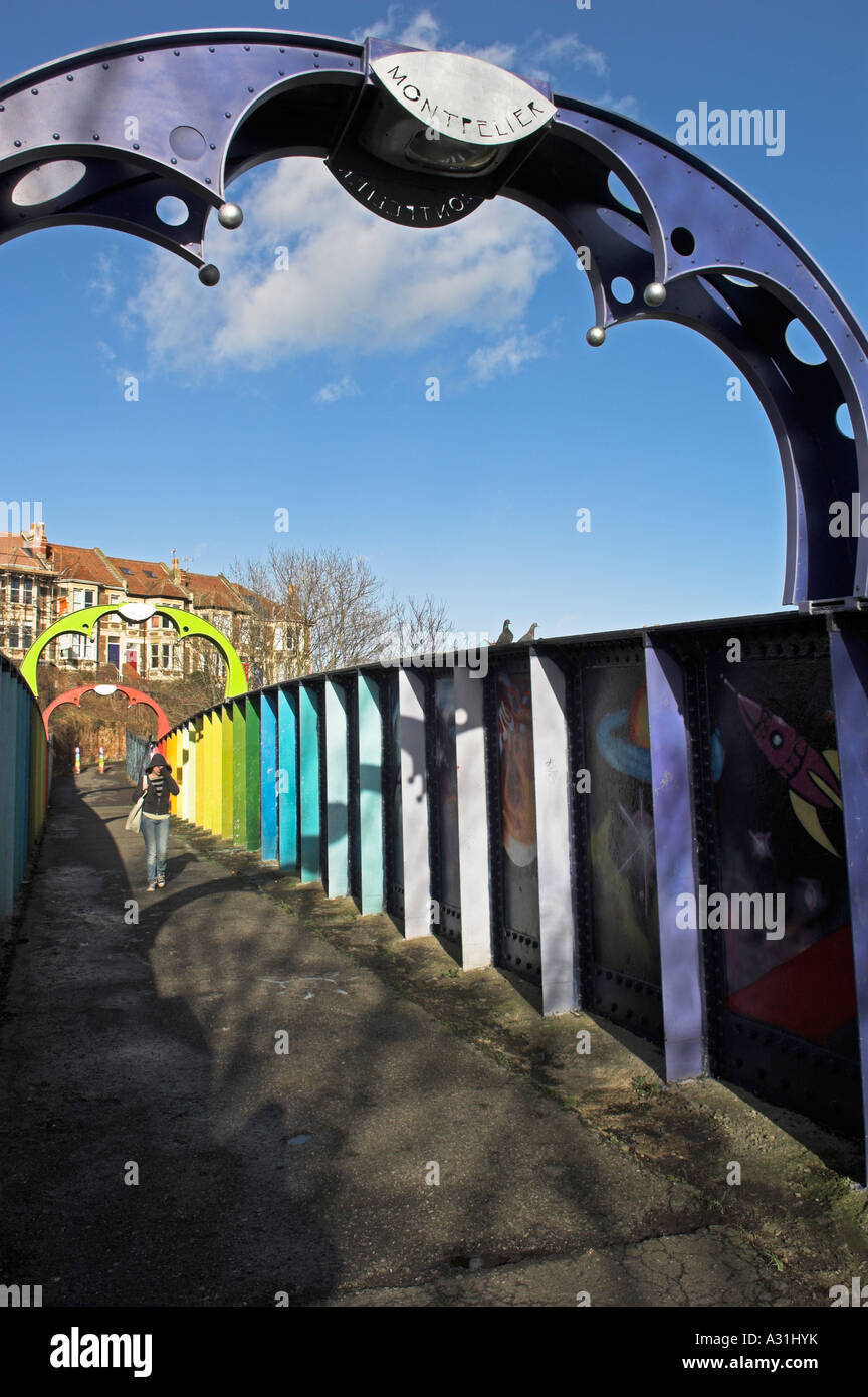 Rainbow painted pedestrian bridge over rail line Montpelier Bristol UK ...