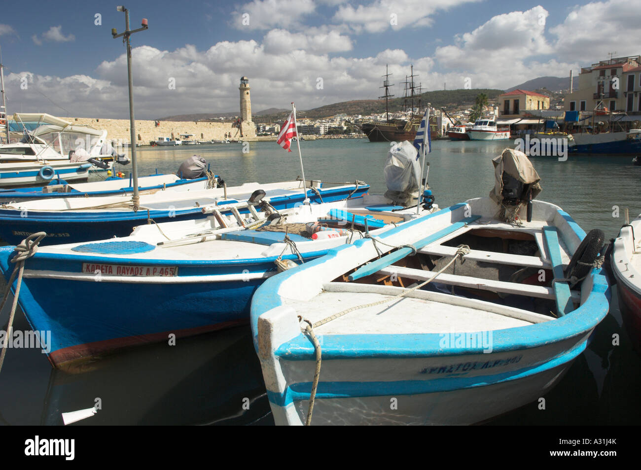 Fishing boats in Rethymnon Rethymno Harbour north coast island of Crete ...