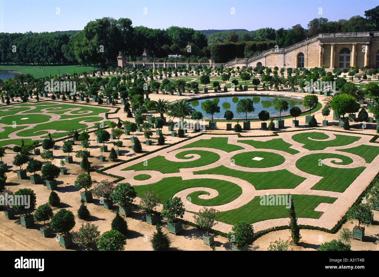 The Orangery and gardens at the Chateau of Versailles in France Stock ...