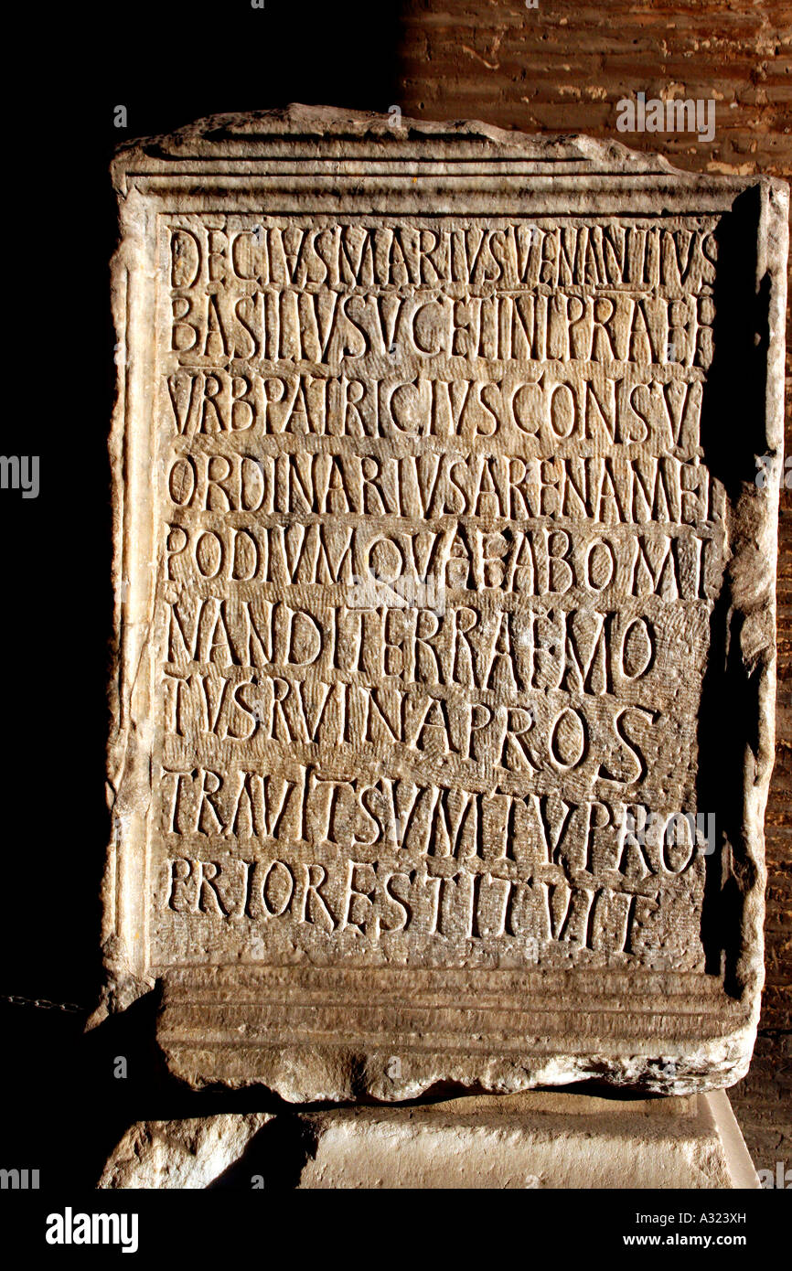 Carved marble plaque with Latin inscription near the entrance to the ...