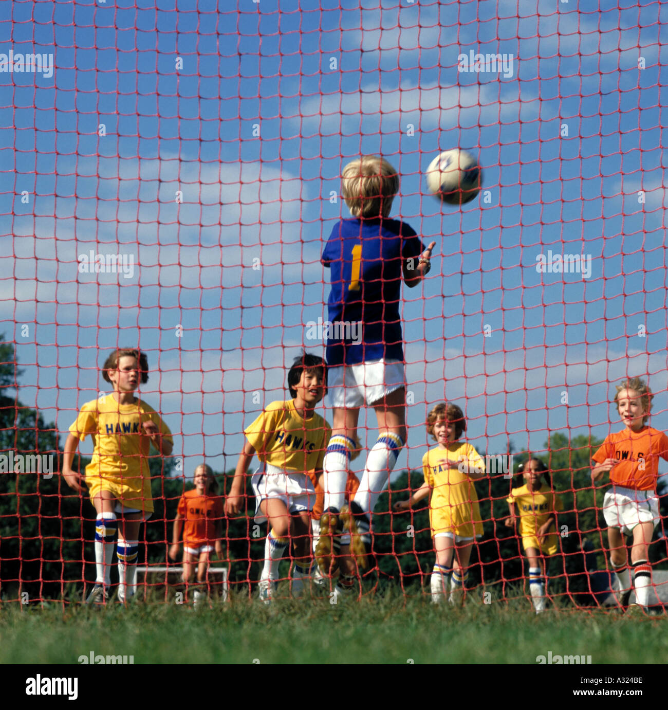 Group of young children playing soccer on a sunny day and the ball is ...