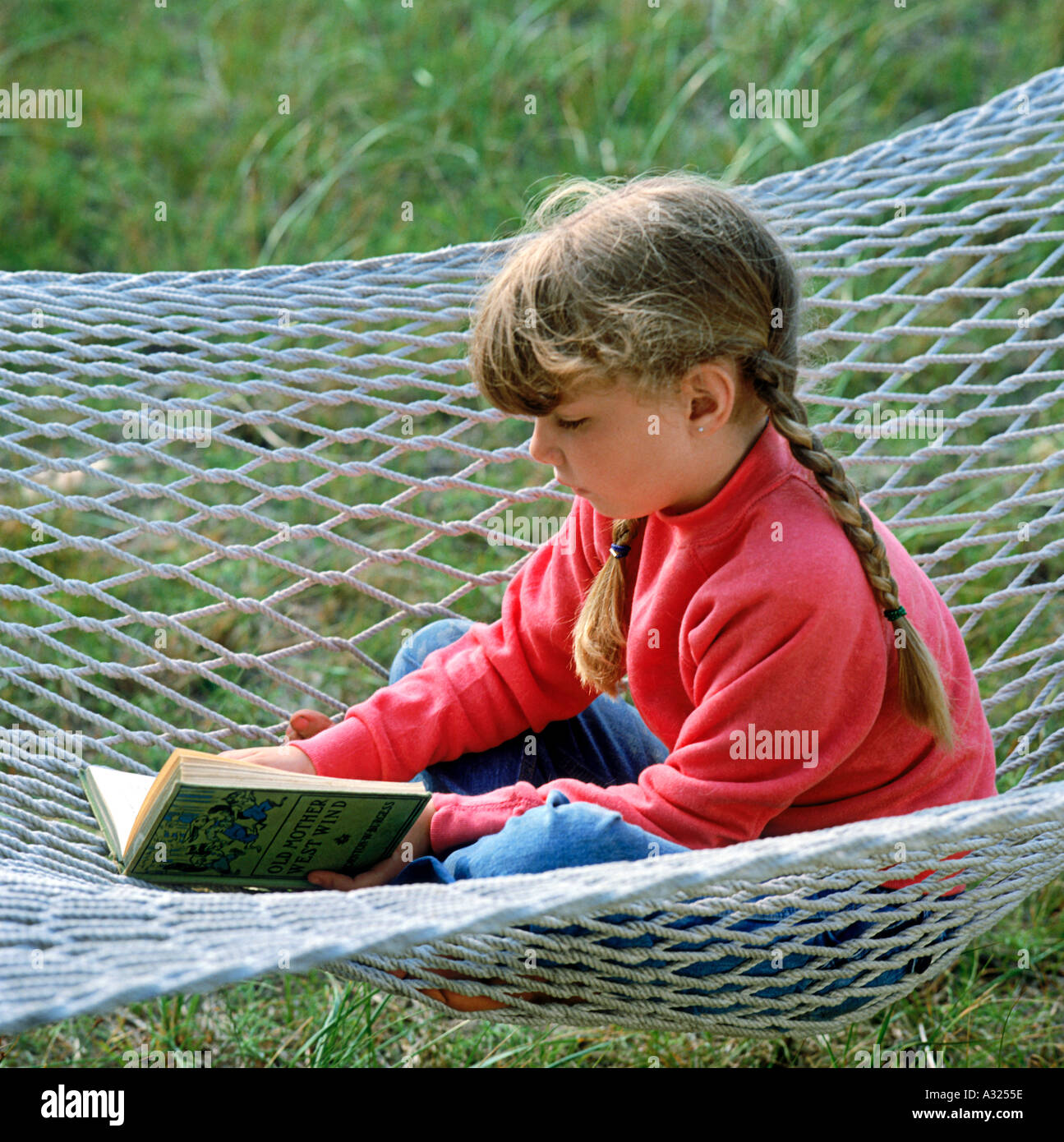 A young girl with braided pigtails sitting in a hammock reading a book ...