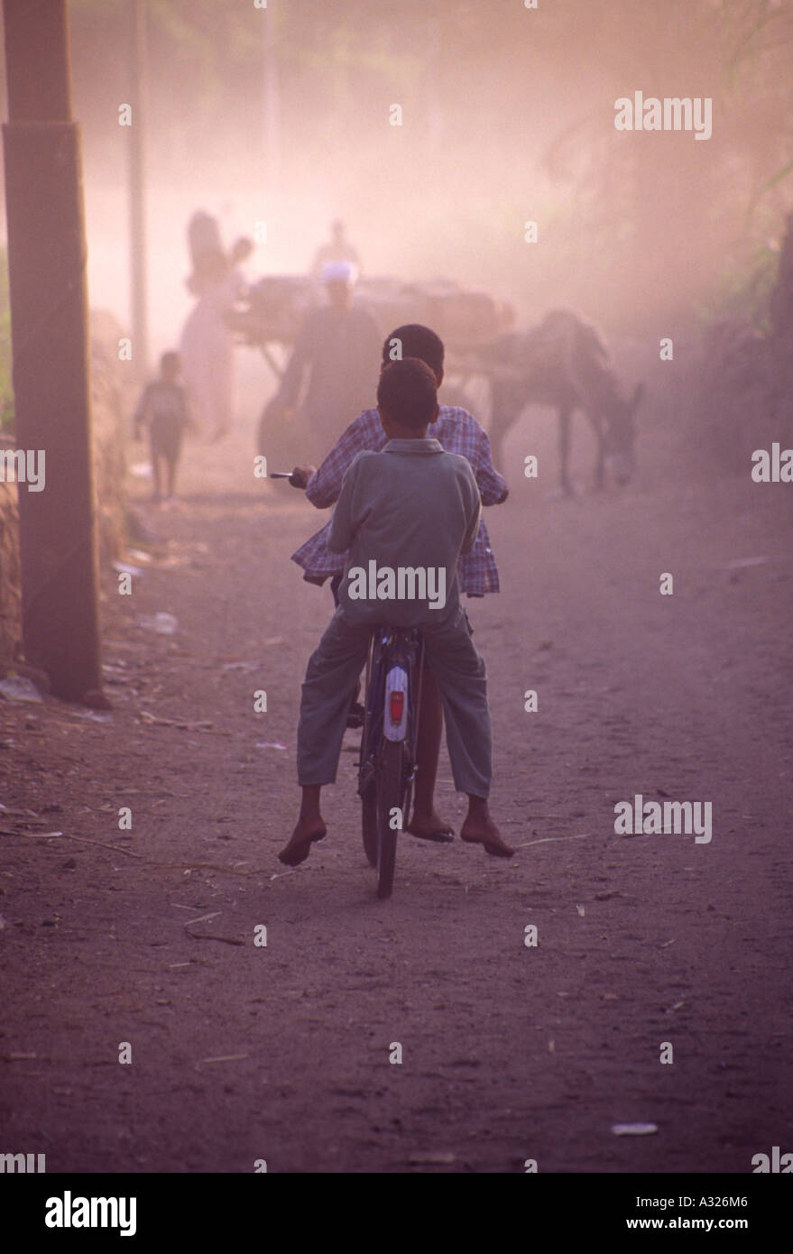 Vertical early morning street scene in villages around Aswan, Egypt ...