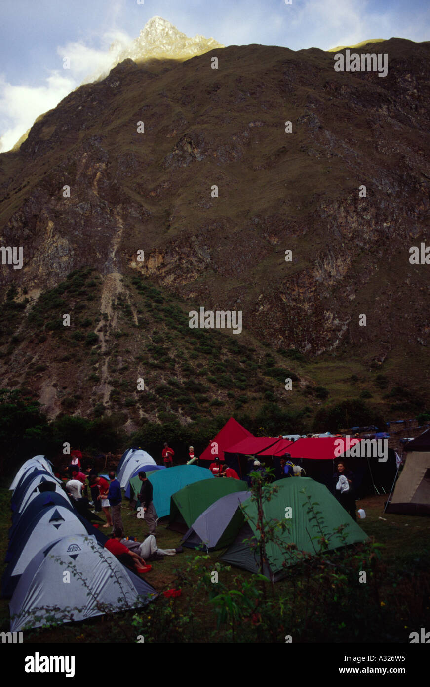 A night camp of tents on the Inca trail trek to Machu Picchu, Peru ...