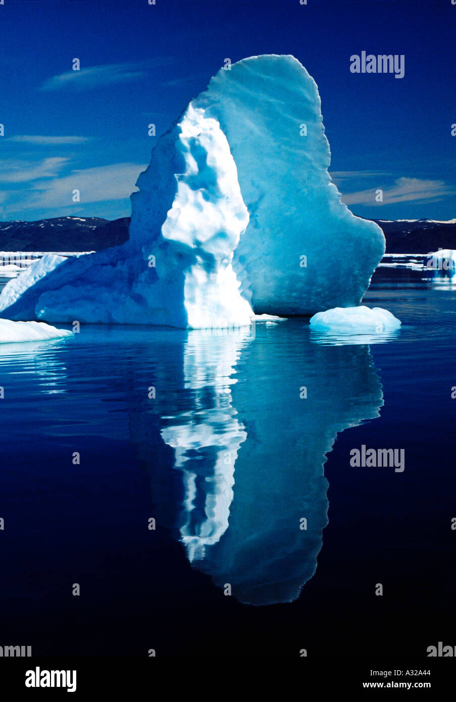 Floating pure white Iceberg blue sky with reflection in blue sea pure ...